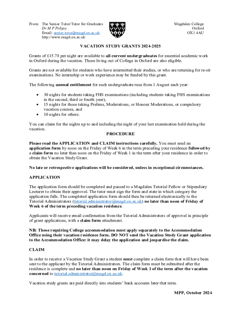 Fillable Online Vacation Study Grant Application 2024-2025 Fax Email Print - pdfFiller
