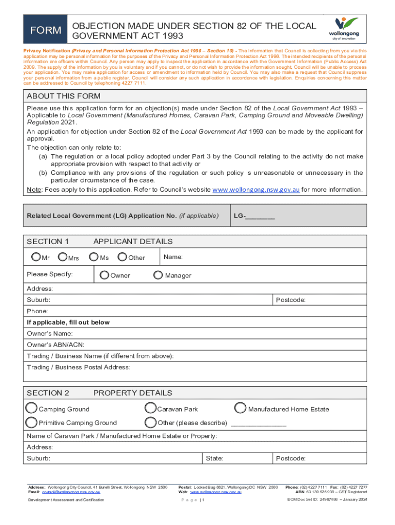 Fillable Online Objection Made Under Section 82 of the Local Government Act 1993 Fax Email Print ...