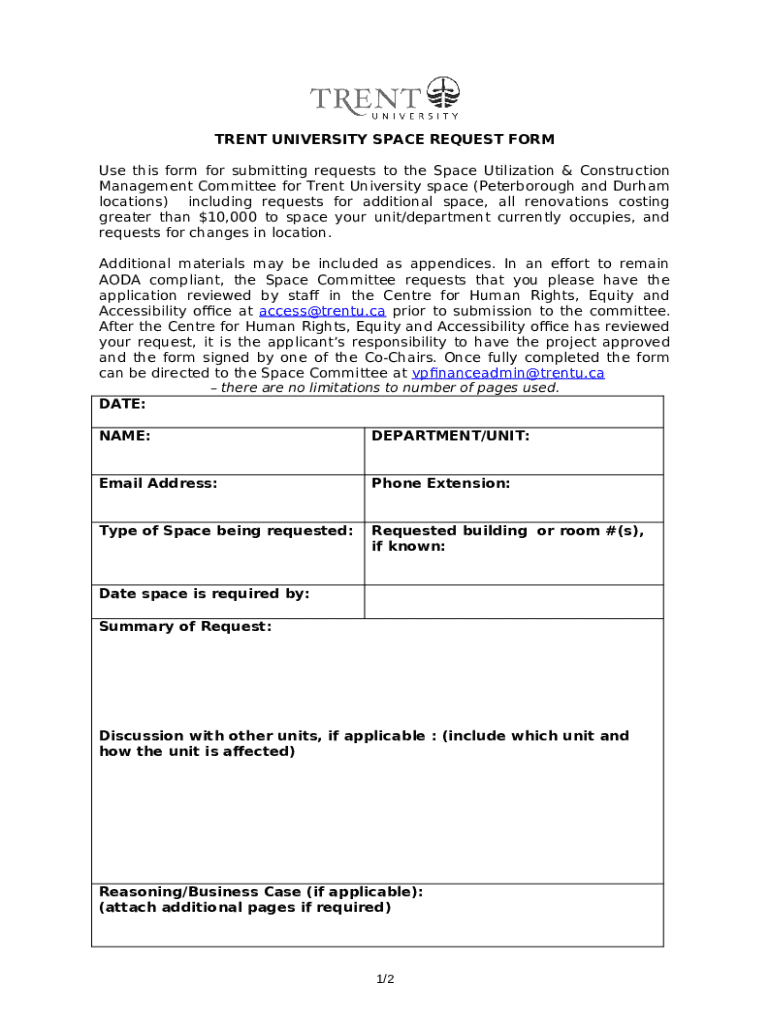 Trent University Space Request Doc Template | pdfFiller