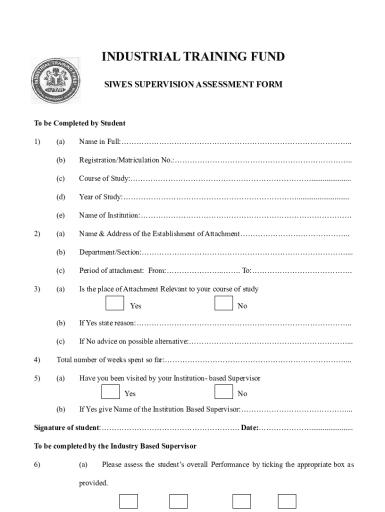 Fillable Online Industrial Training Fund - Siwes Supervision Assessment ...