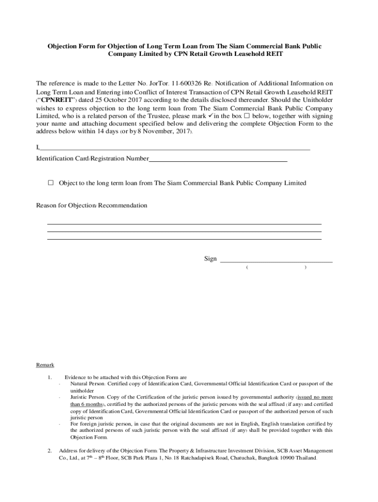 Fillable Online Objection of Long Term Loan From the Siam Commercial ...