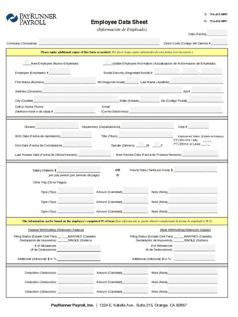 Fillable Online Employee Data Sheet (información De Empleado) Fax Email ...
