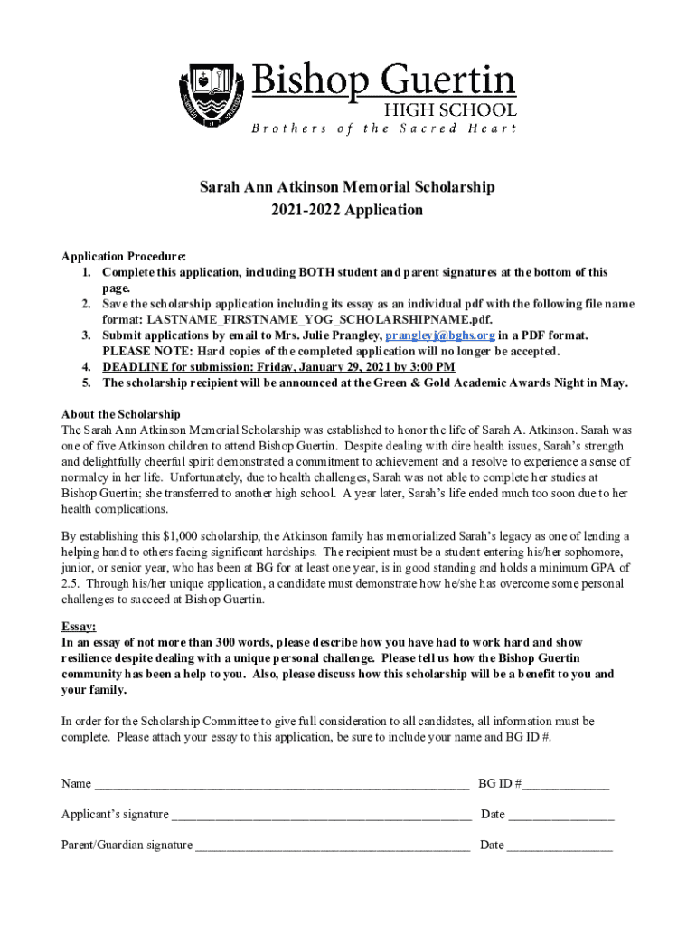 Fillable Online 2021-2022 Sarah Ann Atkinson Memorial Scholarship ...