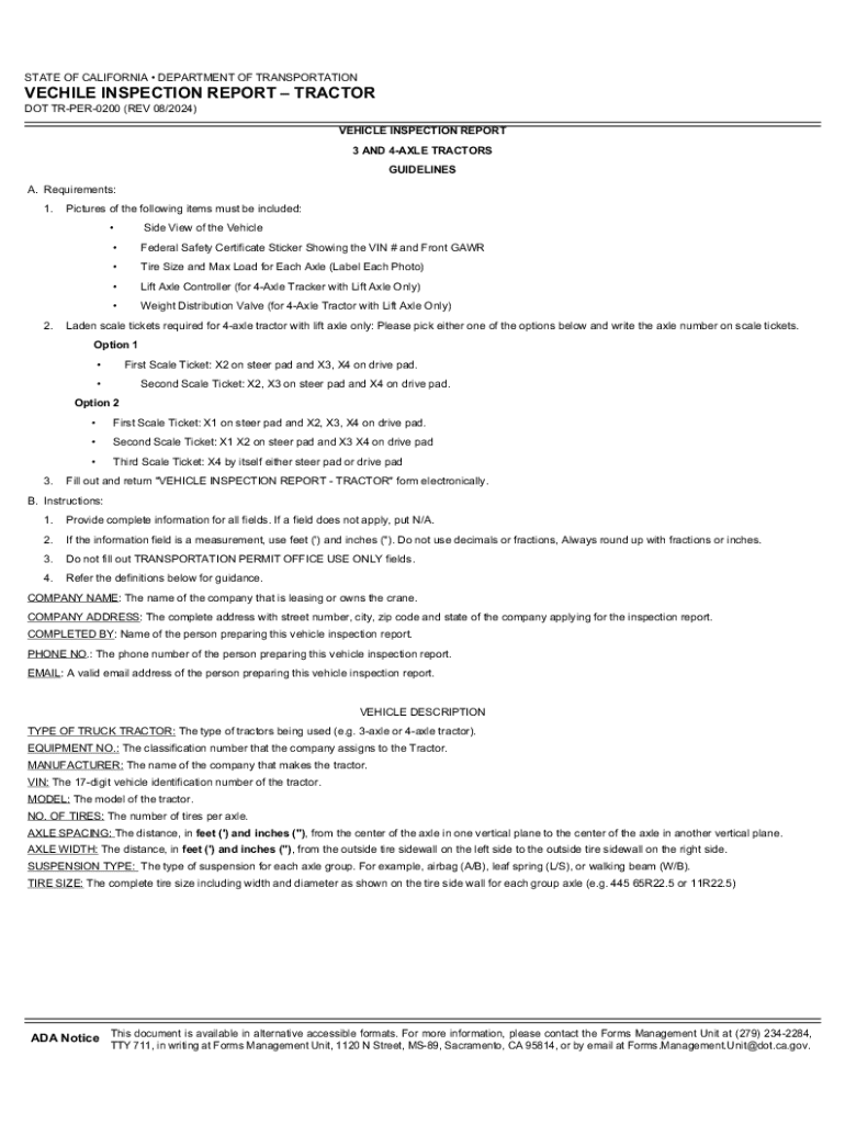 Fillable Online DOT TR-PER-0200: Vehicle Inspection Report Tractor Fax ...