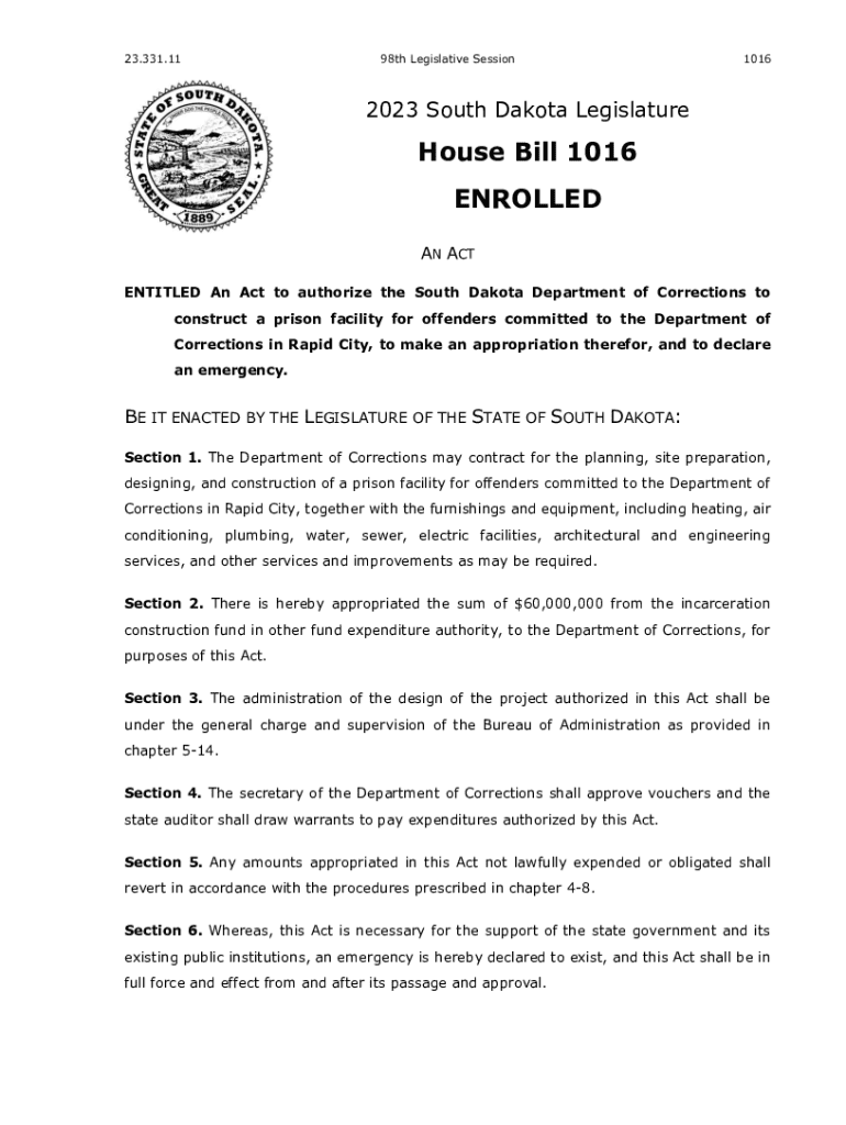 Fillable Online an Act to Authorize the South Dakota Department of Corrections to Construct a ...