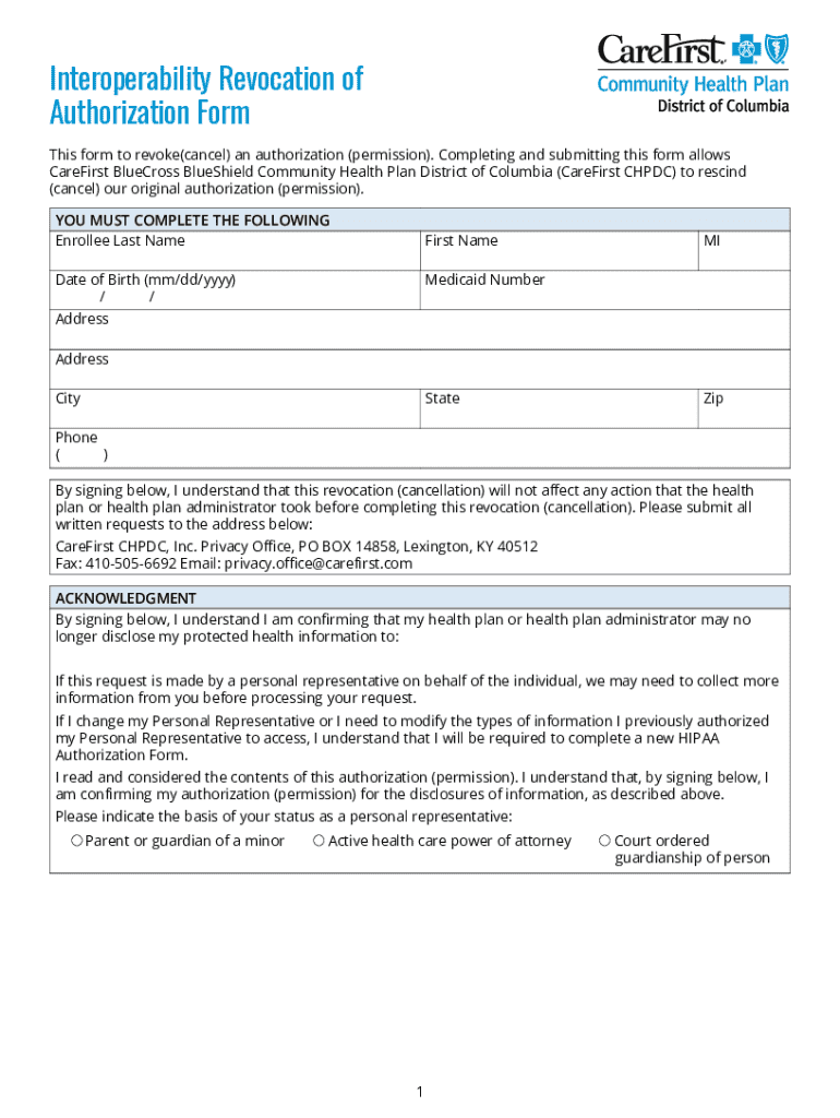 Fillable Online Interoperability Revocation of Authorization Form Fax ...