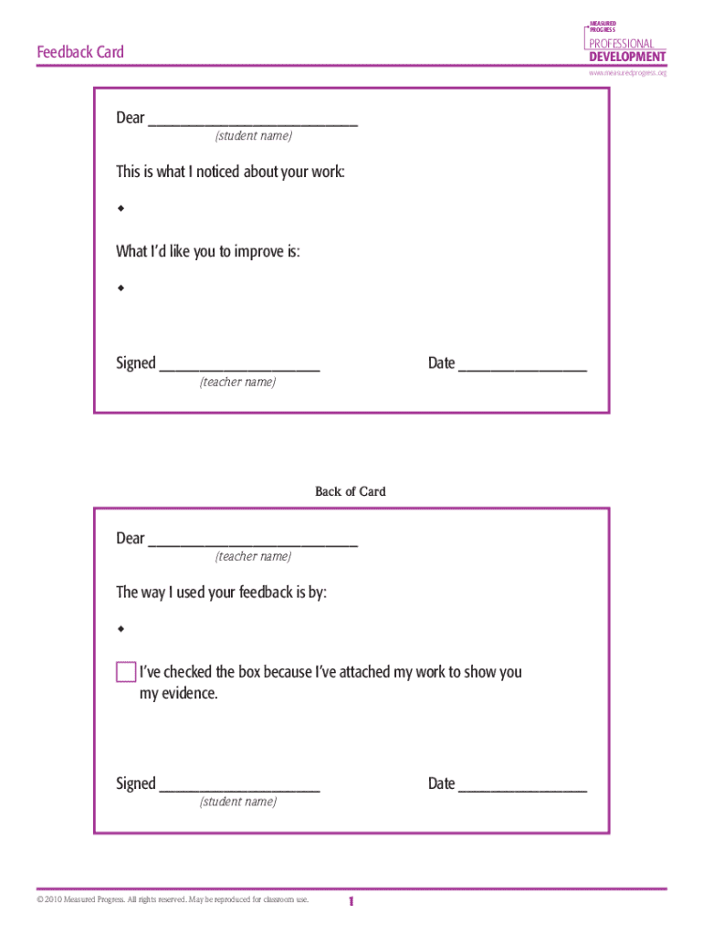 Fillable Online Measured Progress Professional Feedback Card Fax Email ...
