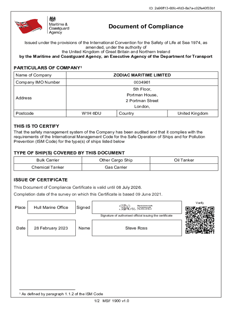 Fillable Online Document of Compliance Certificate Fax Email Print ...