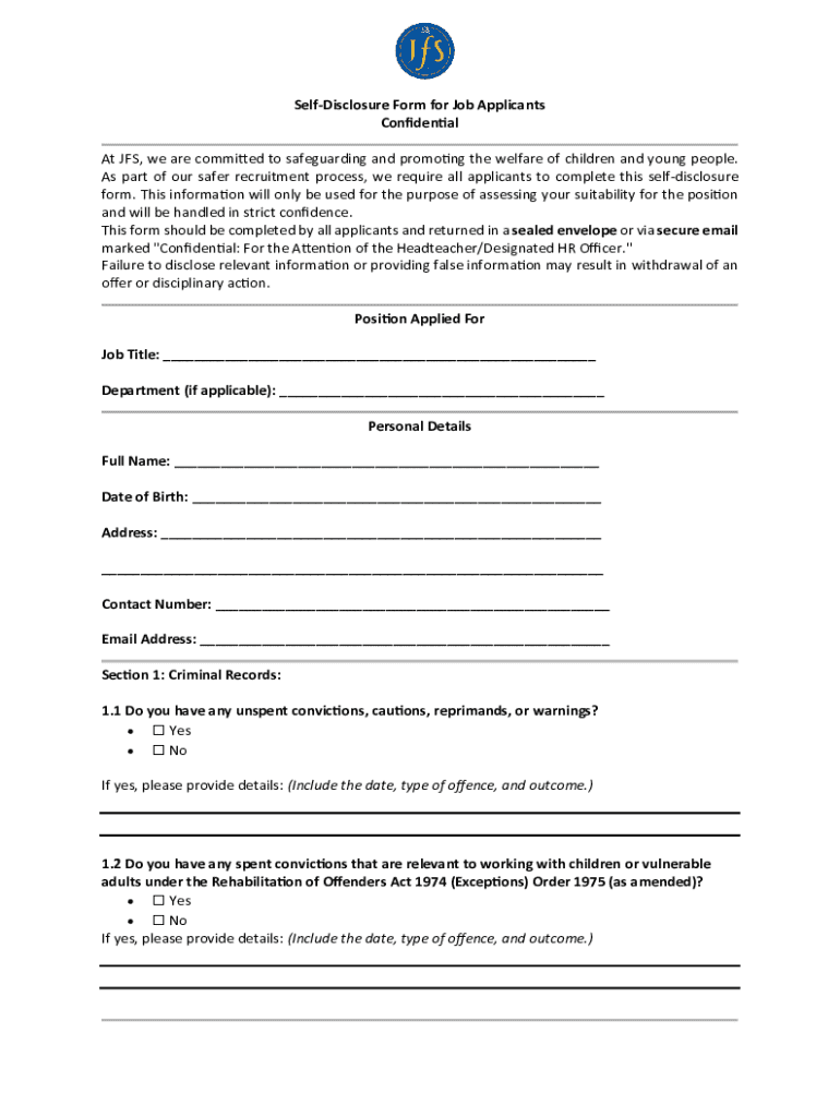 Fillable Online Self-disclosure Form for Job Applicants Fax Email Print ...