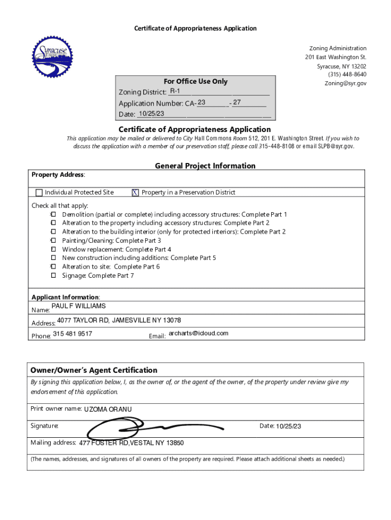 Fillable Online Certificate of Appropriateness Application Fax Email ...