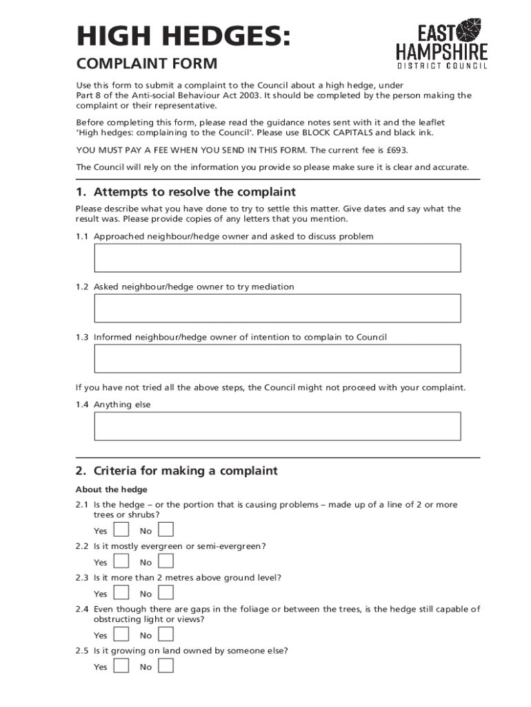 Fillable Online High Hedges Complaint Form Fax Email Print - pdfFiller