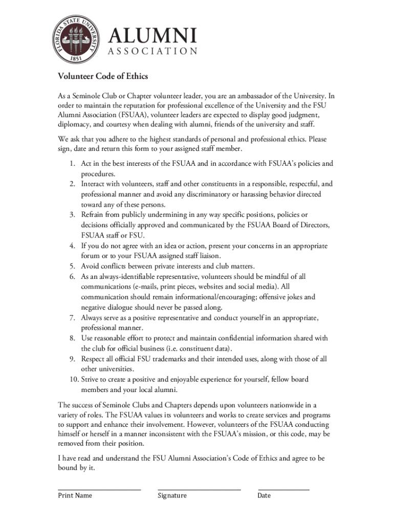 Fillable Online Fsu Alumni Association Volunteer Code of Ethics Fax ...