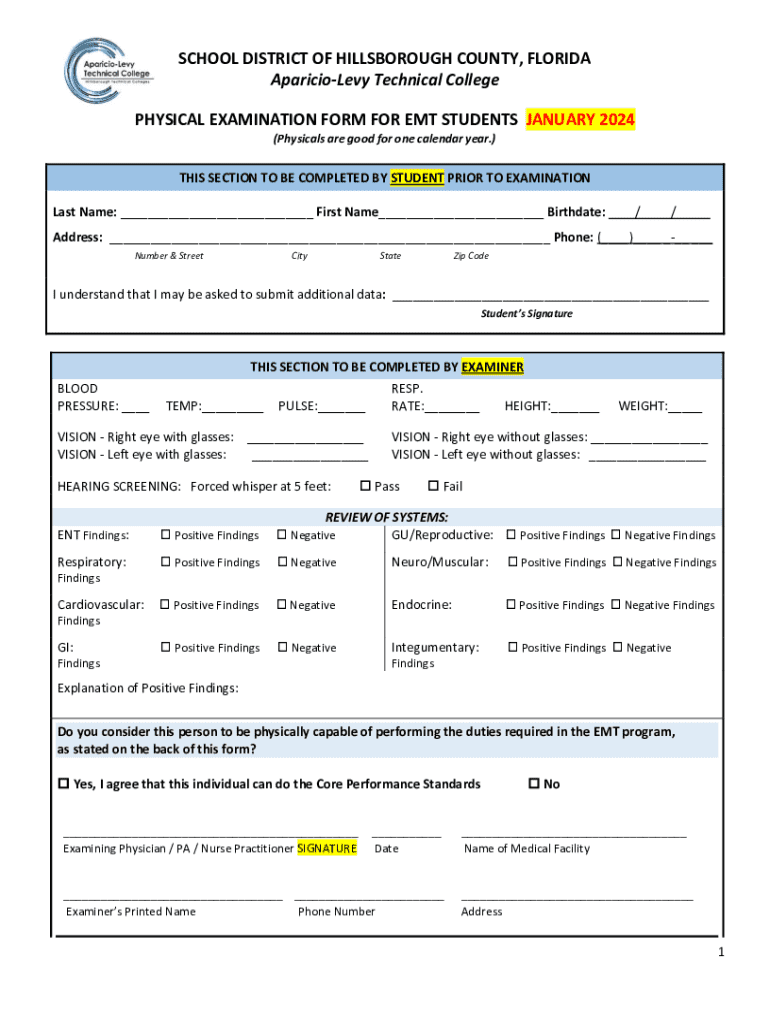 Fillable Online Physical Examination Form for Emt Students January 2024 ...