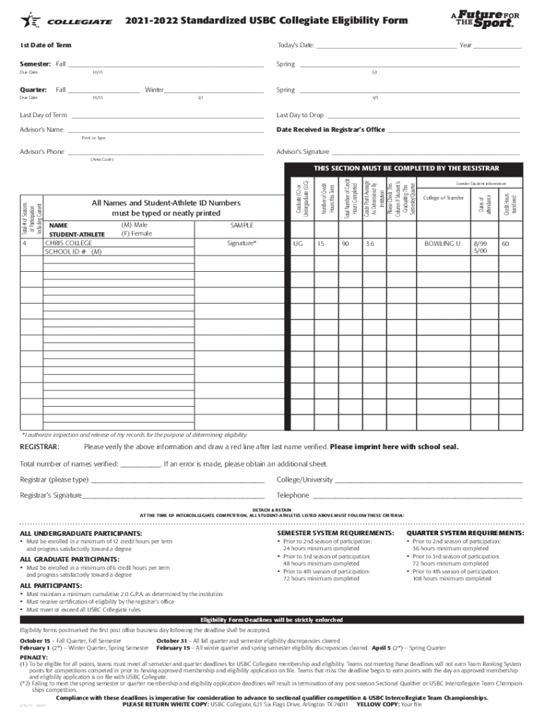Fillable Online 2021-2022 Standardized Usbc Collegiate Eligibility Form Fax Email Print - pdfFiller