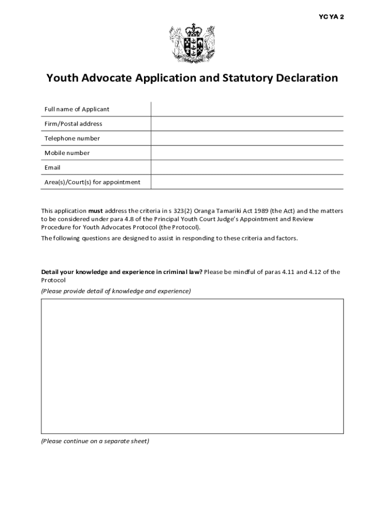 Fillable Online Youth Advocate Application and Statutory Declaration ...