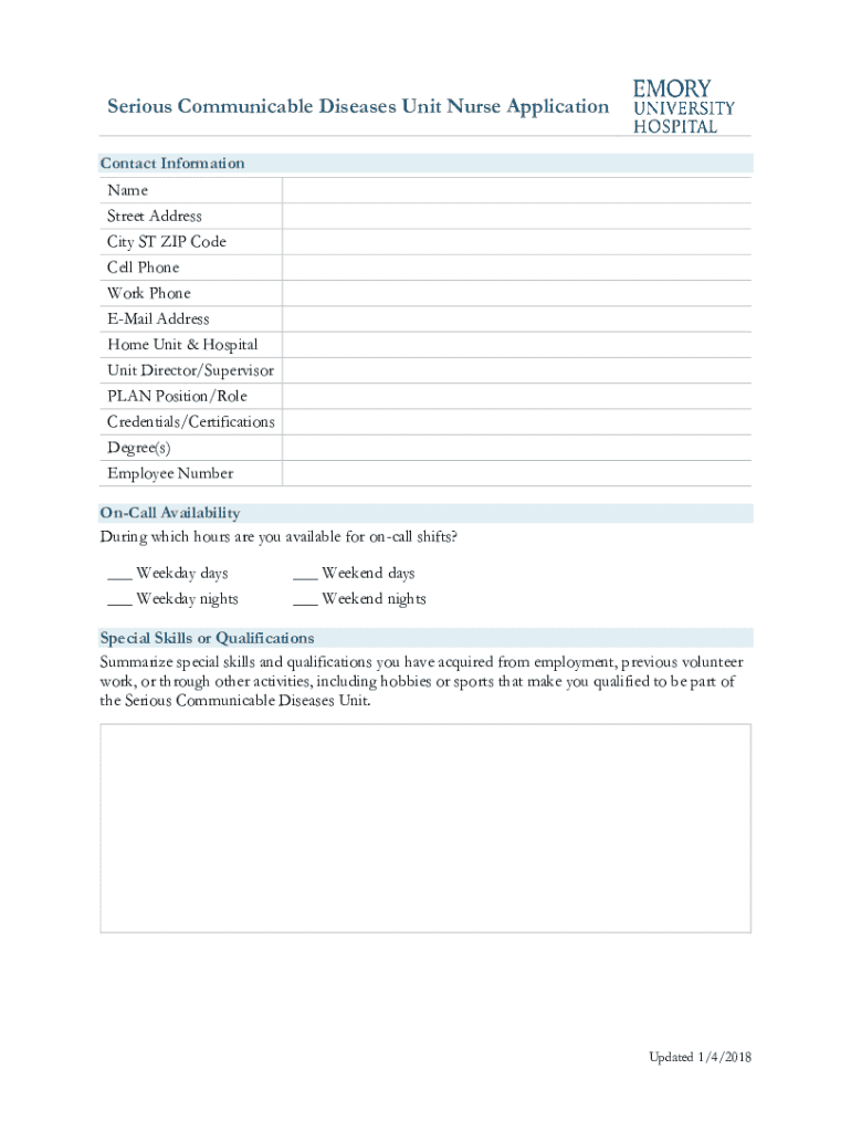 Fillable Online Application for Serious Communicable Diseases Unit Nurse Fax Email Print - pdfFiller