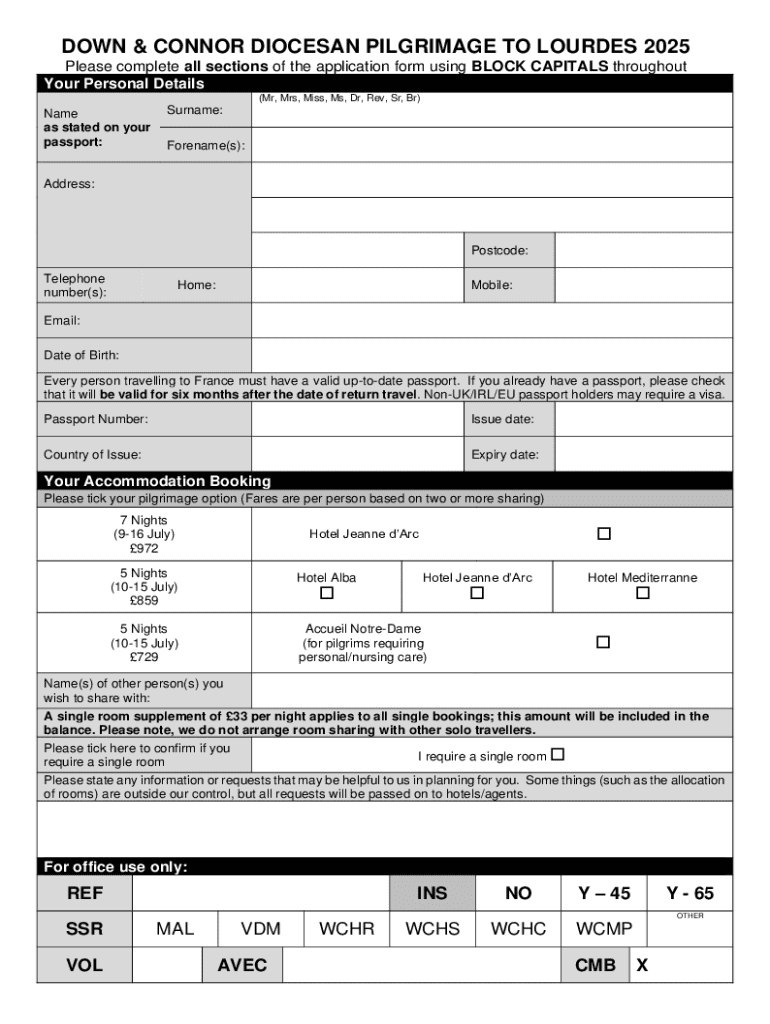 Fillable Online Down & Connor Diocese Pilgrimage to Lourdes 2025 Fax ...