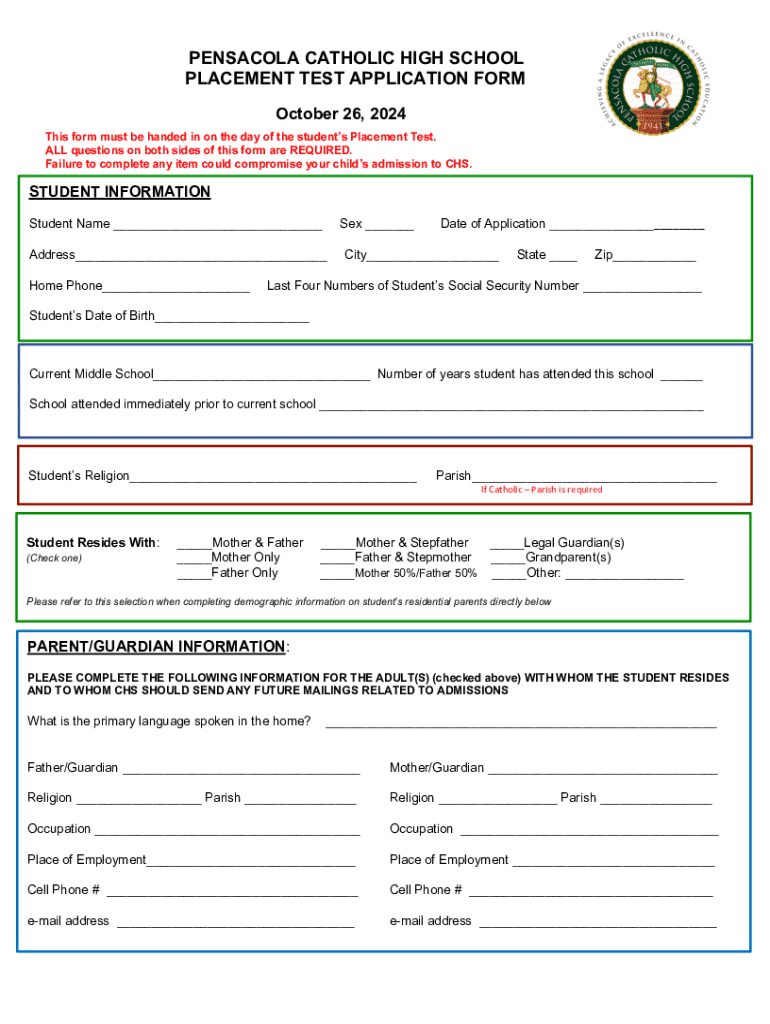 Fillable Online Pensacola Catholic High School Placement Test ...