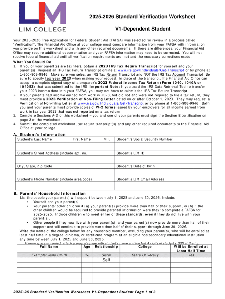 Fillable Online 2025-2026 Standard Verification Worksheet Fax Email Print - pdfFiller