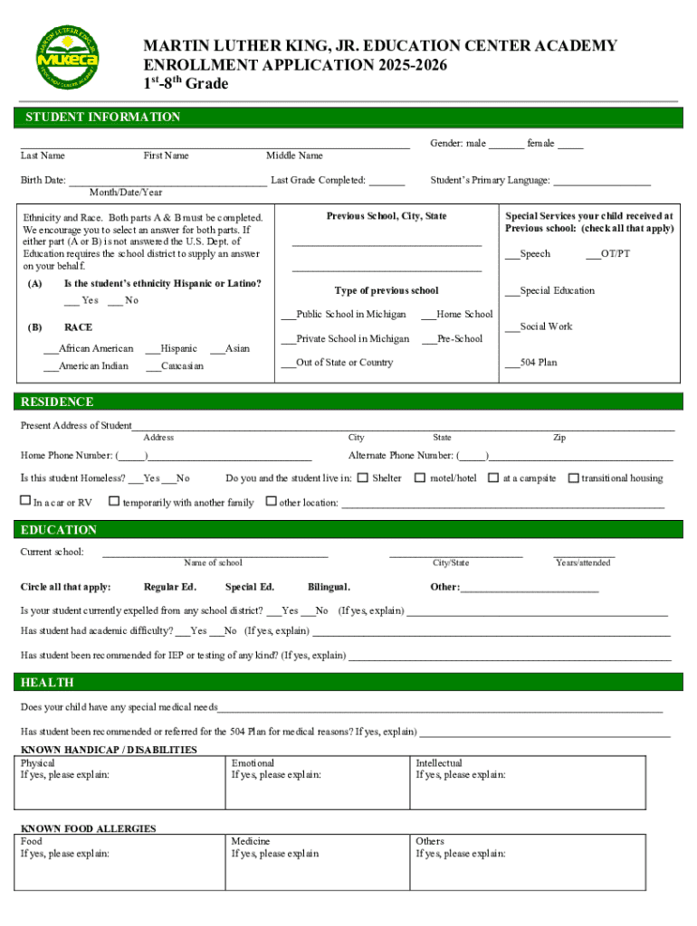 Fillable Online Martin Luther King, Jr. Education Center Academy Enrollment Application 2025 ...
