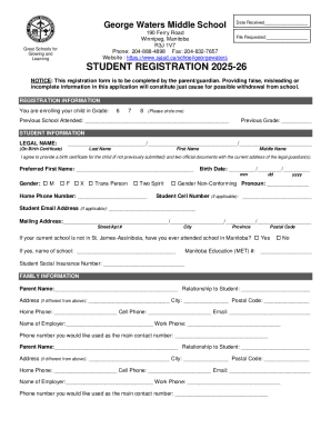 Fillable Online George Waters Middle School Student Registration Form ...