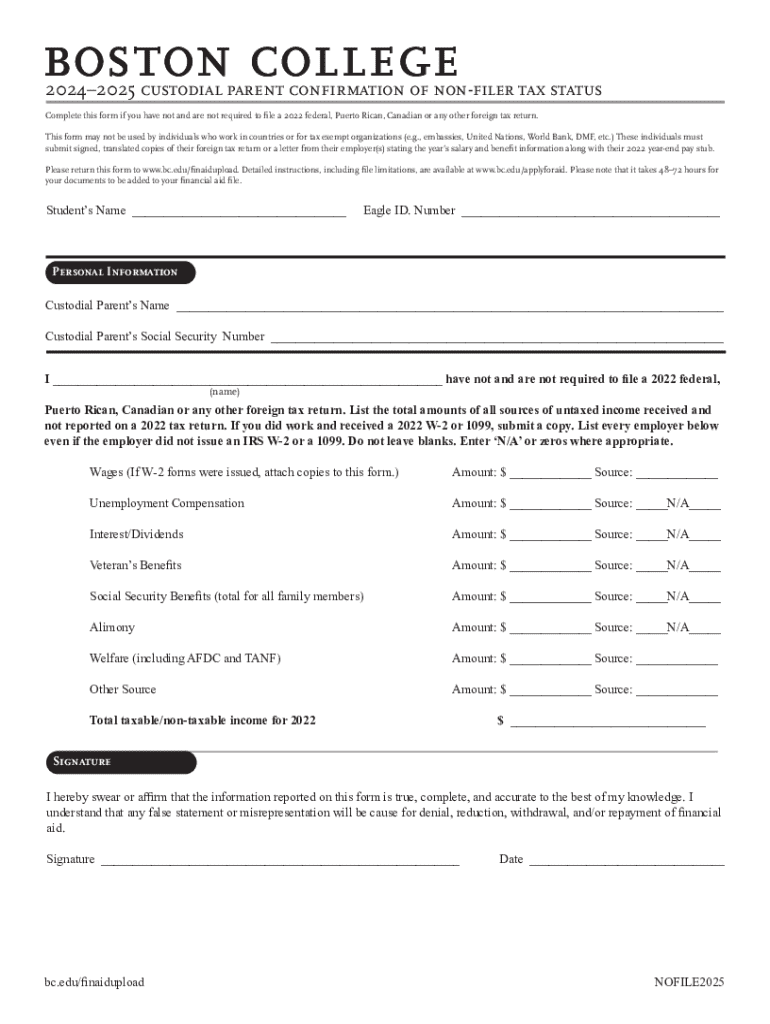 Fillable Online Custodial Parent Confirmation of Non-filer Tax Status ...