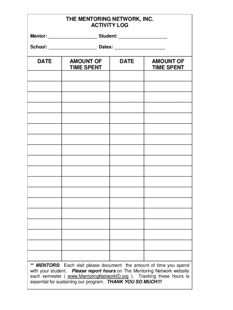 Fillable Online Mentoring Network Activity Log Fax Email Print - pdfFiller