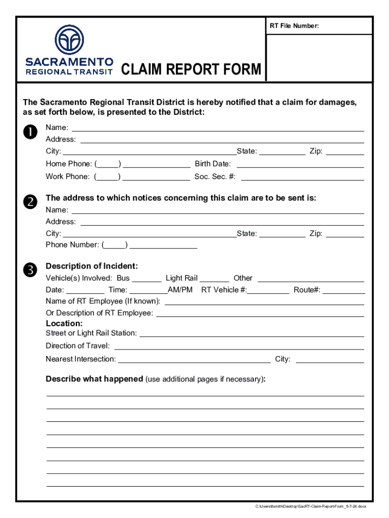 Fillable Online Sacramento Regional Transit District Claim Report Fax ...