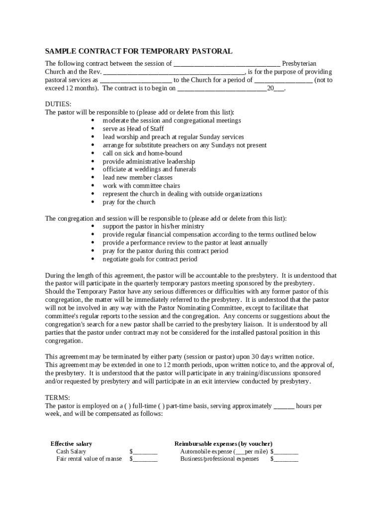 Sample Contract for Temporary Pastoral Doc Template | pdfFiller