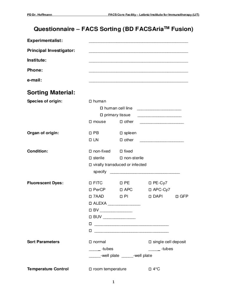 Fillable Online FACS Core Facility Leibniz Institute for Immunotherapy (LIT) Fax Email Print ...