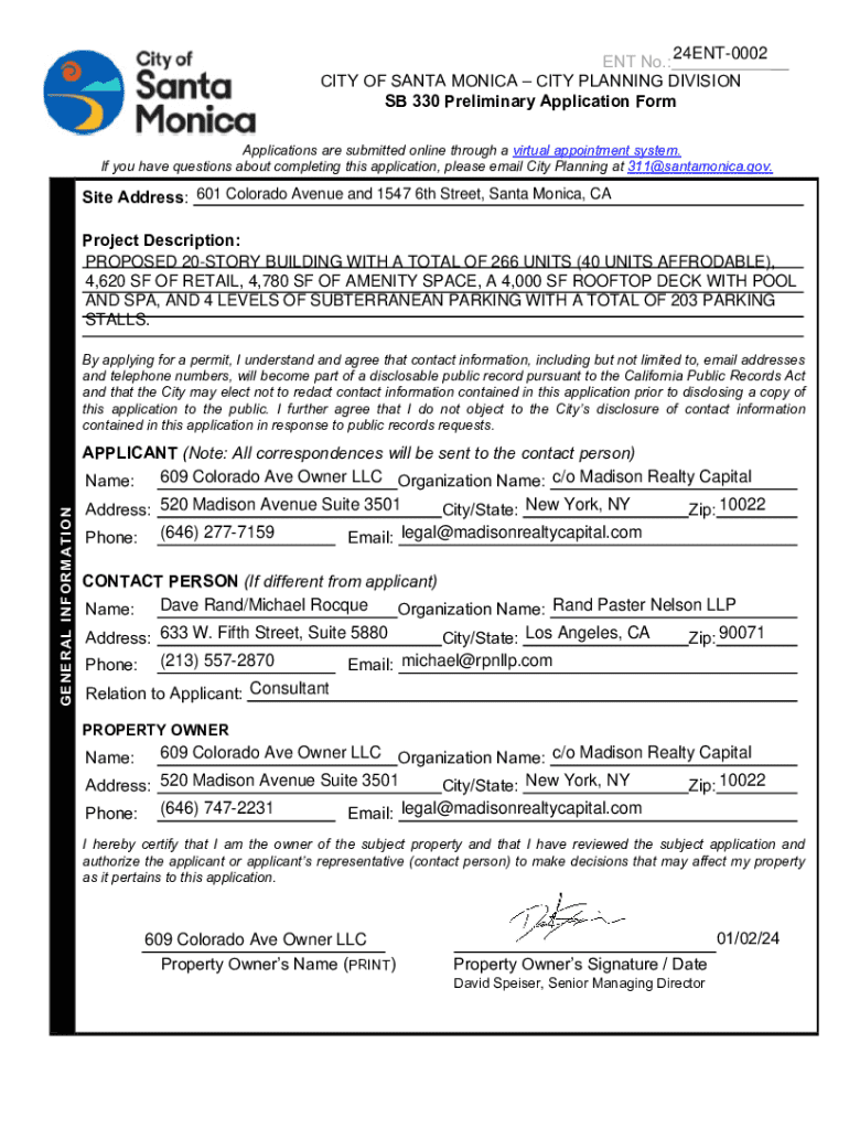 Fillable Online Sb 330 Preliminary Application - City of Santa Monica Fax Email Print - pdfFiller