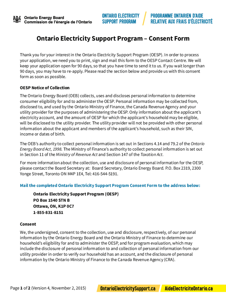 Fillable Online Ontario Electricity Support Program Consent Form Fax ...