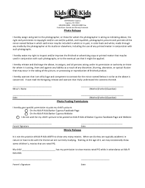 Fillable Online Kids R Kids Barker Cypress Photo and Movie Release Fax ...