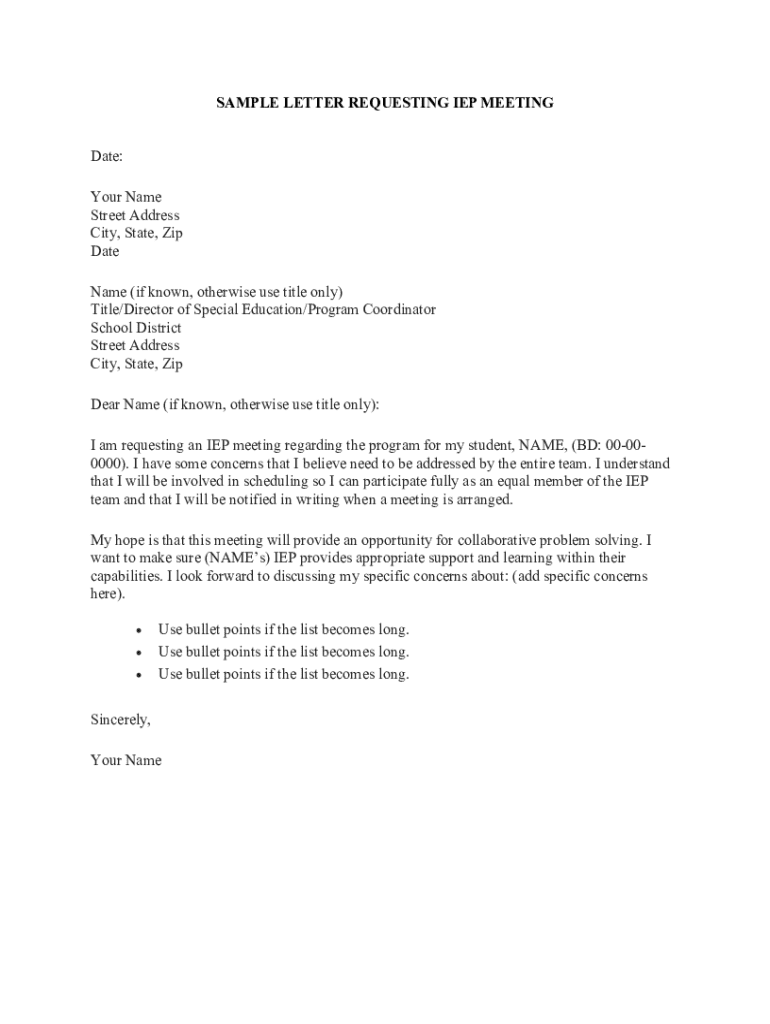 Fillable Online Request for Iep Meeting Fax Email Print - pdfFiller