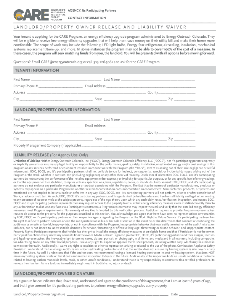 Fillable Online Landlord/property Owner Release and Liability Waiver ...