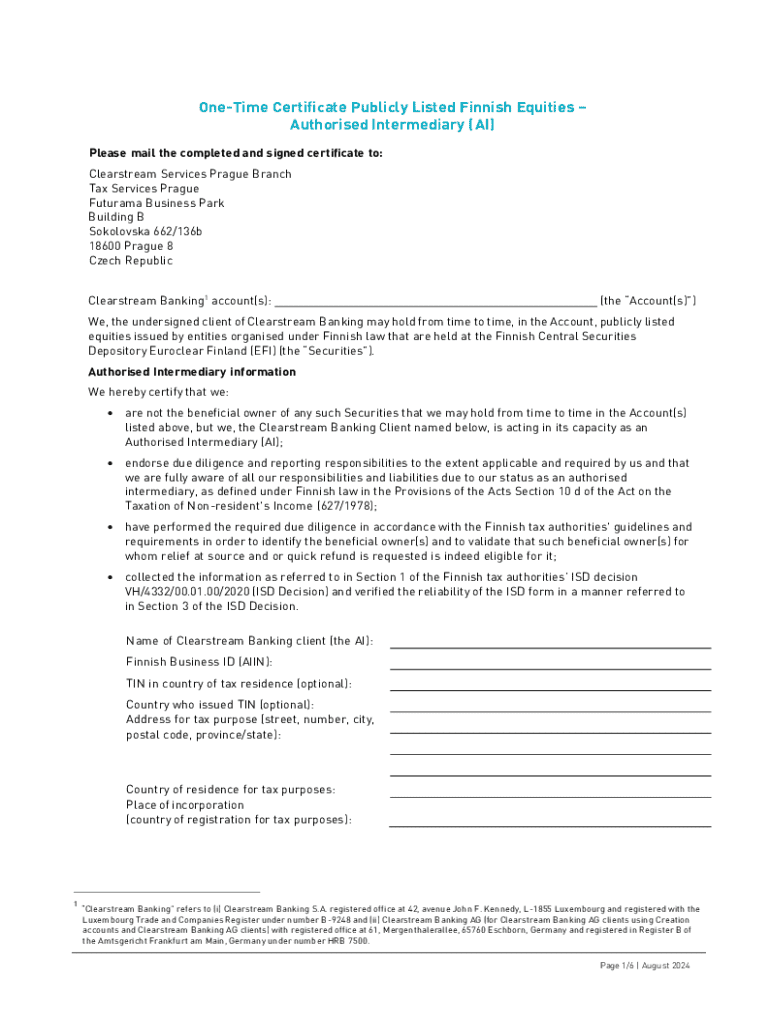 Fillable Online One-time Certificate Publicly Listed Finnish Equities ...