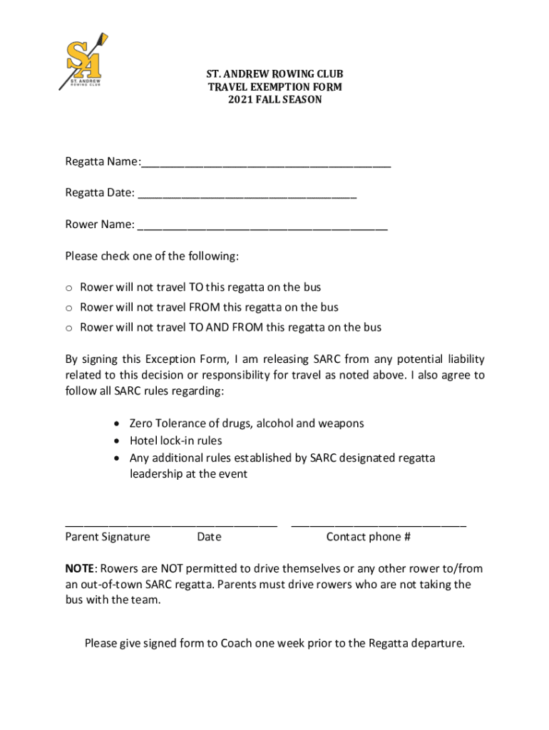 Fillable Online St. Andrew Rowing Club Travel Exemption Form 2021 Fall ...