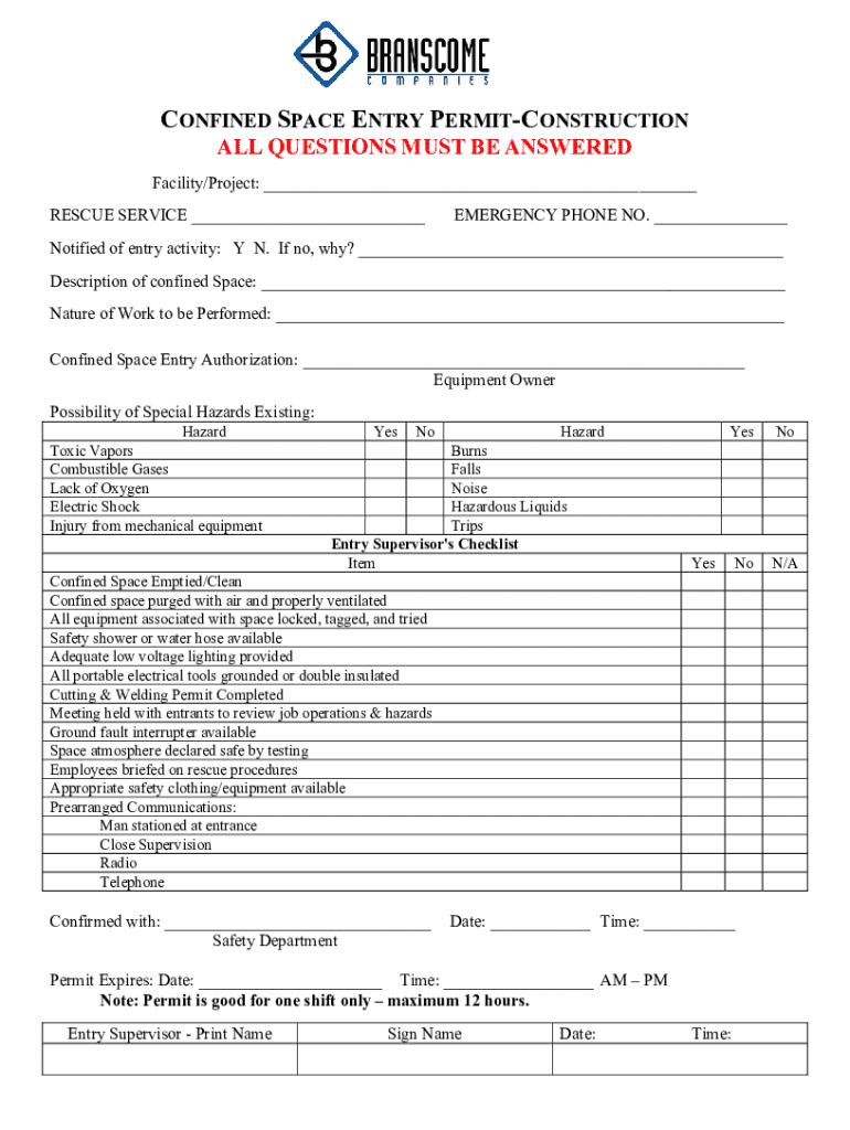 Fillable Online Confined Space Entry Permit Fax Email Print - pdfFiller