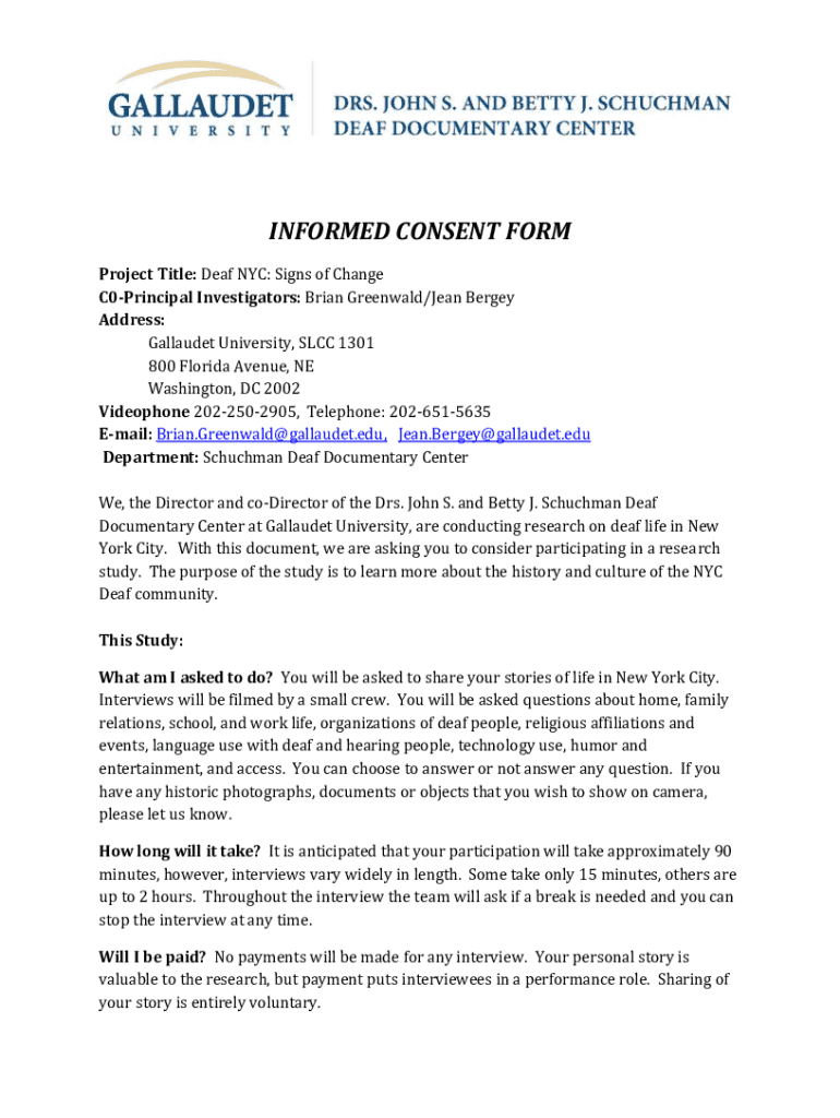 Fillable Online Informed Consent for the Deaf Nyc: Signs of Change Project Fax Email Print ...