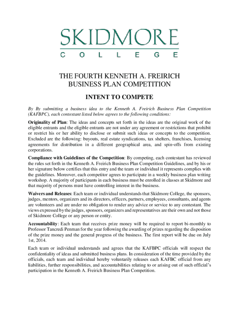 Fillable Online the Fourth Kenneth a. Freirich Business Plan Competition - Intent to Compete Fax ...