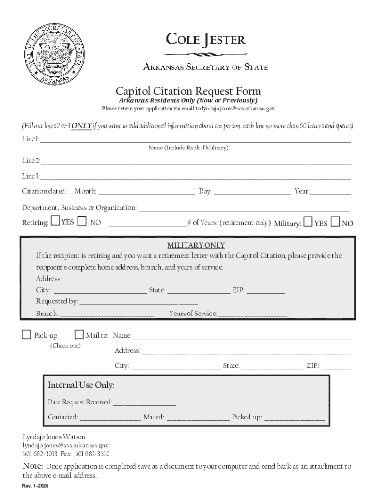 Fillable Online Capitol Citation Request Form for Arkansas Residents Fax Email Print - pdfFiller