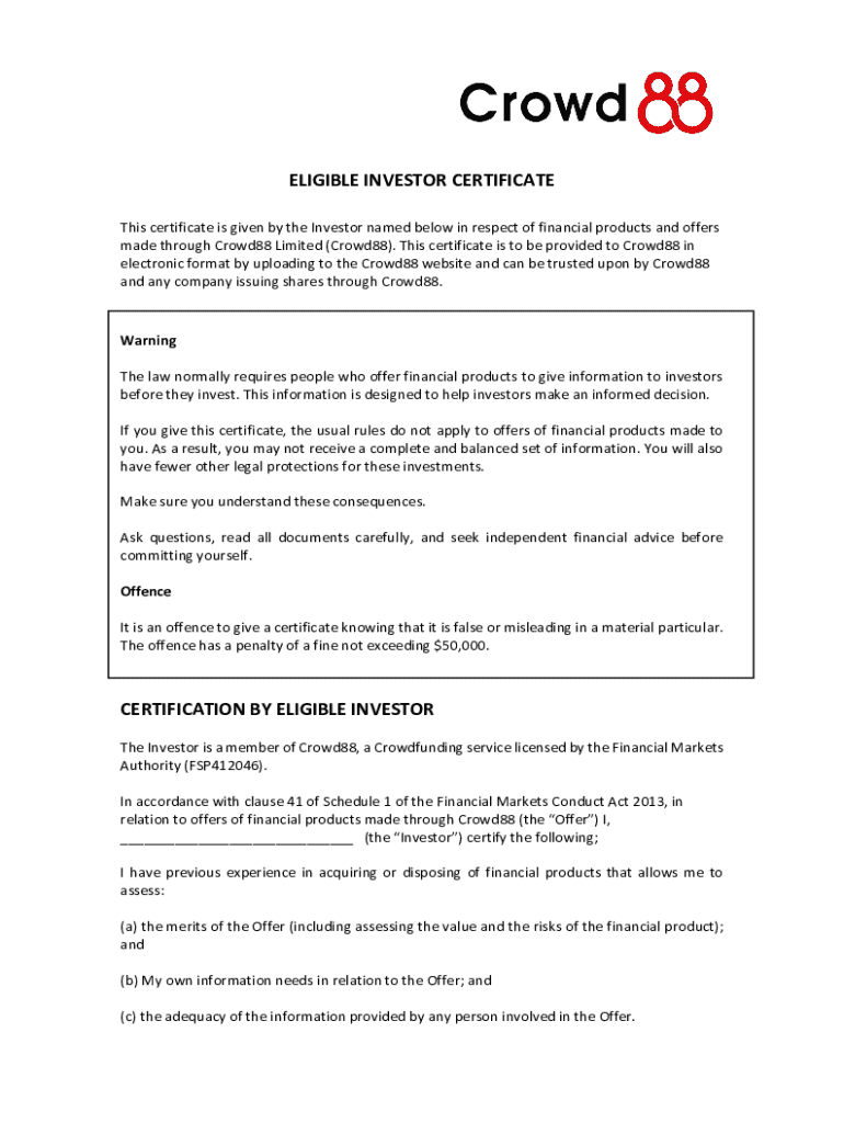 Fillable Online Eligible Investor Certificate Fax Email Print - pdfFiller