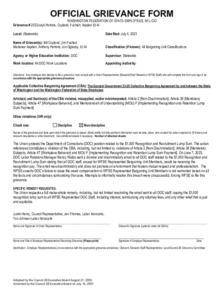 Fillable Online Grievance Form Fax Email Print - pdfFiller