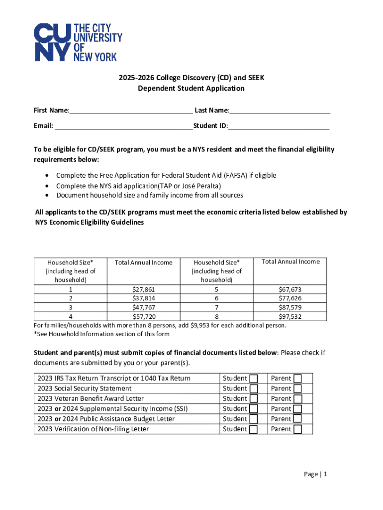 Fillable Online College Discovery and Seek Dependent Student Application Fax Email Print - pdfFiller