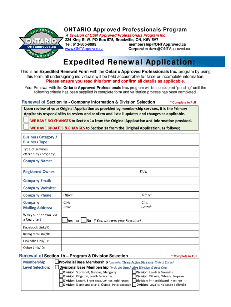 Fillable Online Ontario Approved Professionals Program - Expedited Renewal Fax Email Print ...