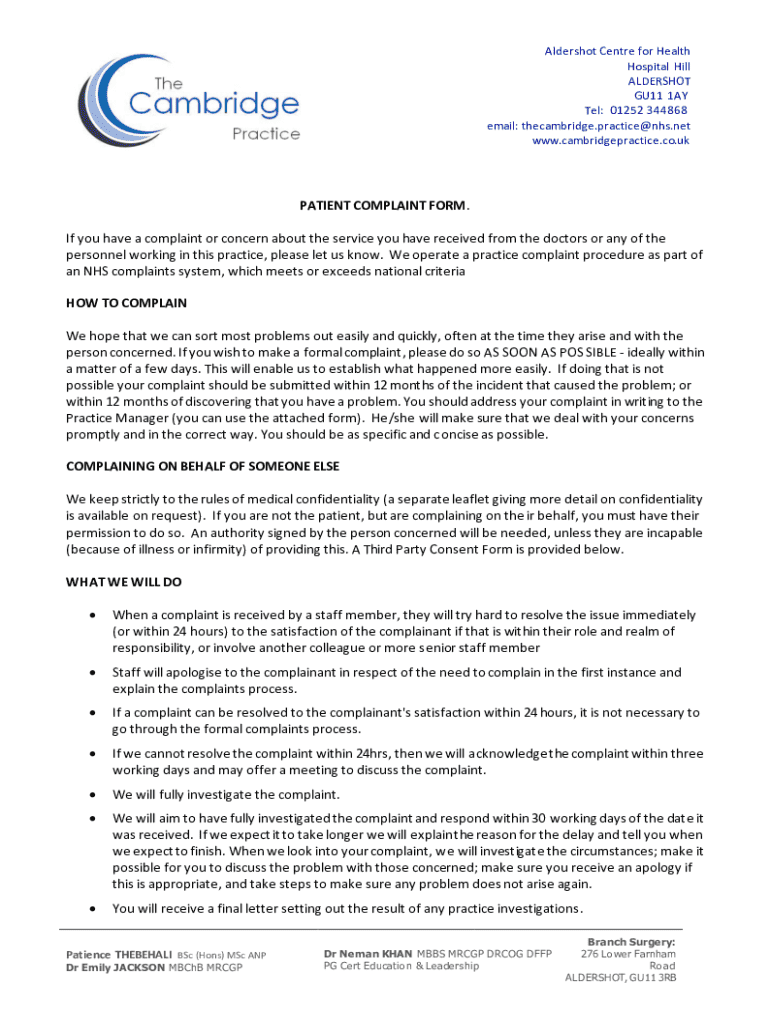 Fillable Online Patient Complaint Submission Document Fax Email Print ...