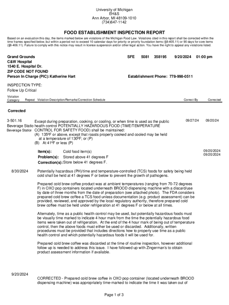 Fillable Online Food Establishment Inspection Report - University of ...