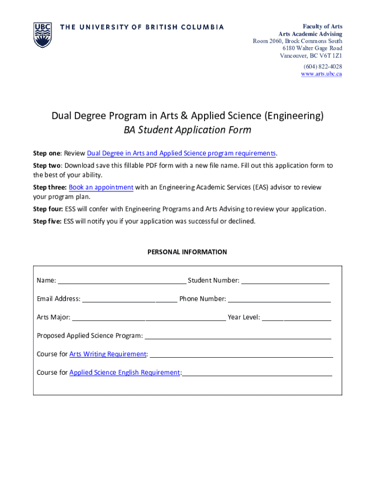 Fillable Online Dual Degree Program in Arts & Applied Science ...