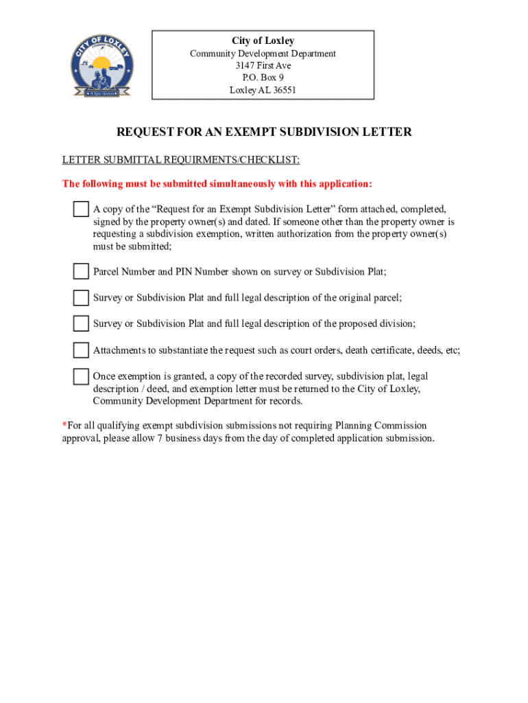 Fillable Online Request for an Exempt Subdivision Letter Fax Email ...
