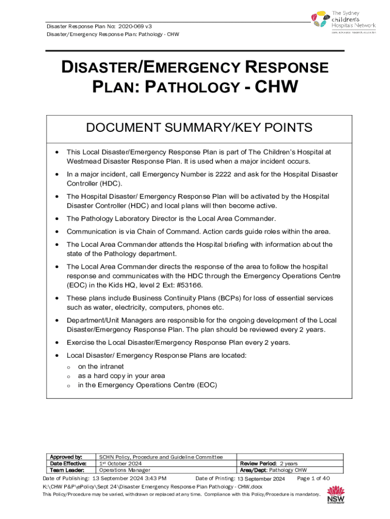 Fillable Online Disaster/emergency Response Plan: Pathology - Chw Fax ...